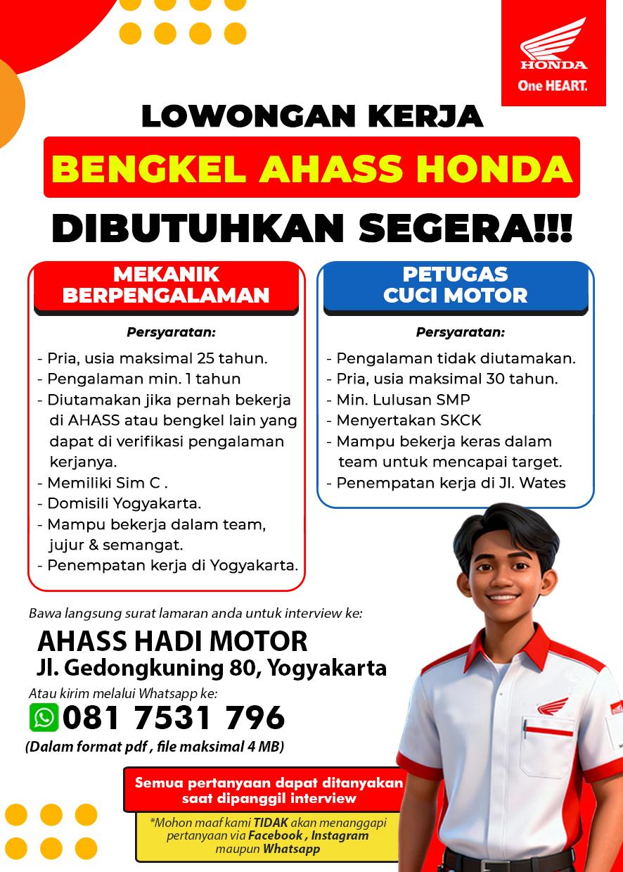 Lowongan Kerja Mekanik Berpengalaman - Petugas Cuci Motor di Ahass Hadi ...