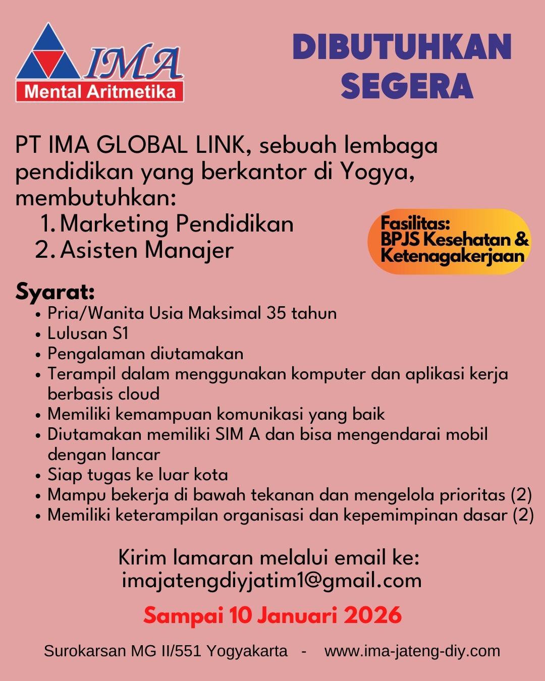 Lowongan Kerja Marketing Pendidikan - Asisten Manajer di PT. IMA Global ...