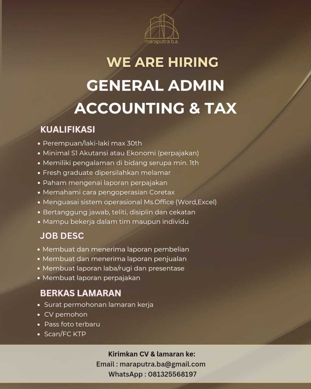 Lowongan Kerja General Admin Accounting & Tax - Legal Property di PT ...