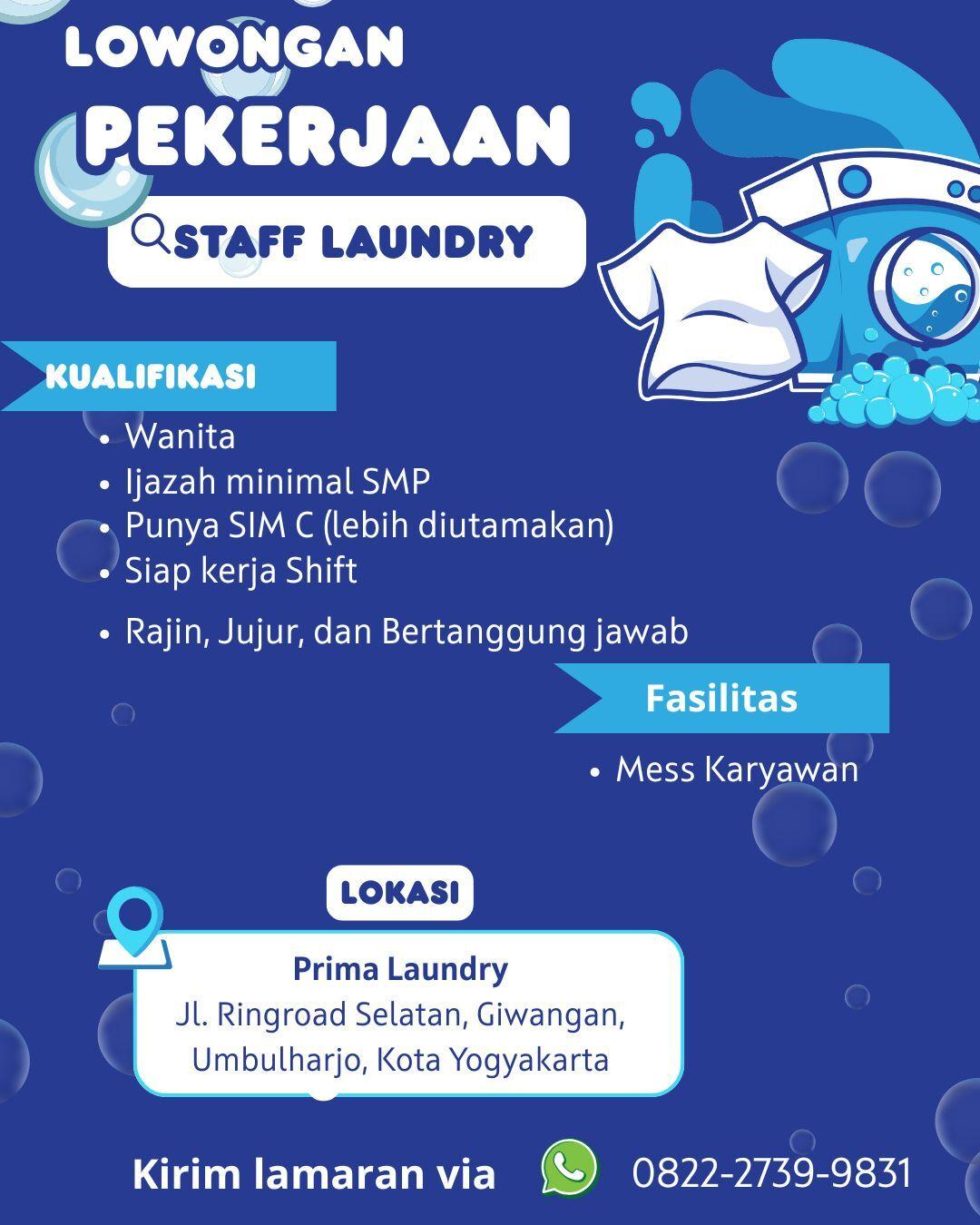 Lowongan Kerja Staff Laundry di Prima Laundry - LokerJogja.ID