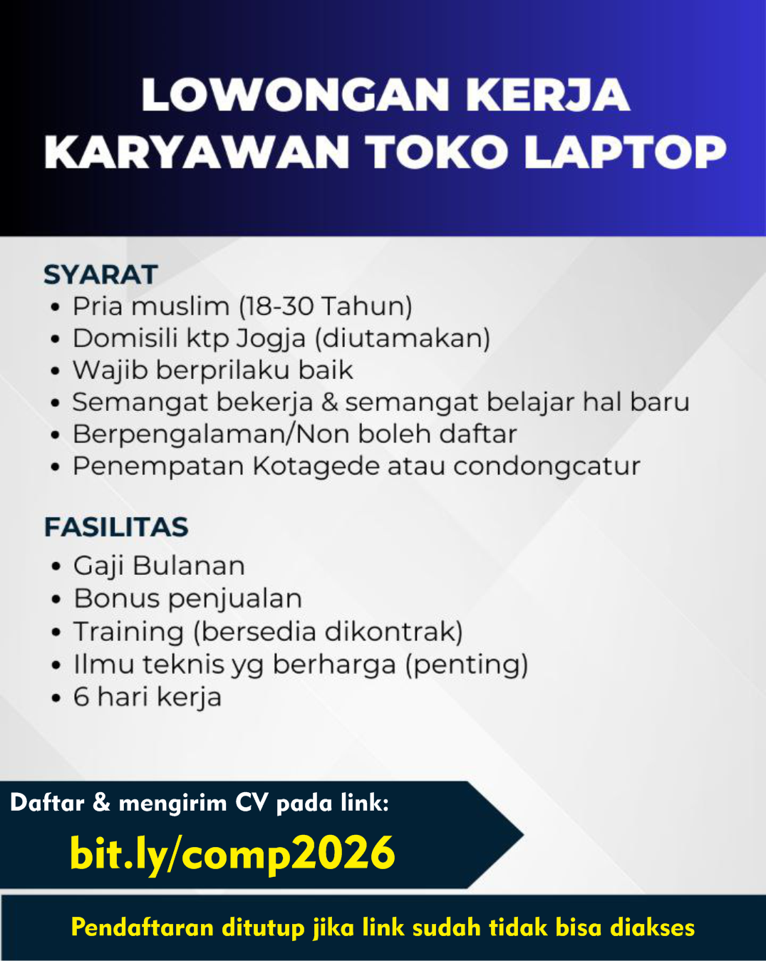 Lowongan Kerja Karyawan Toko Laptop di Toko Laptop/Komputer Area ...