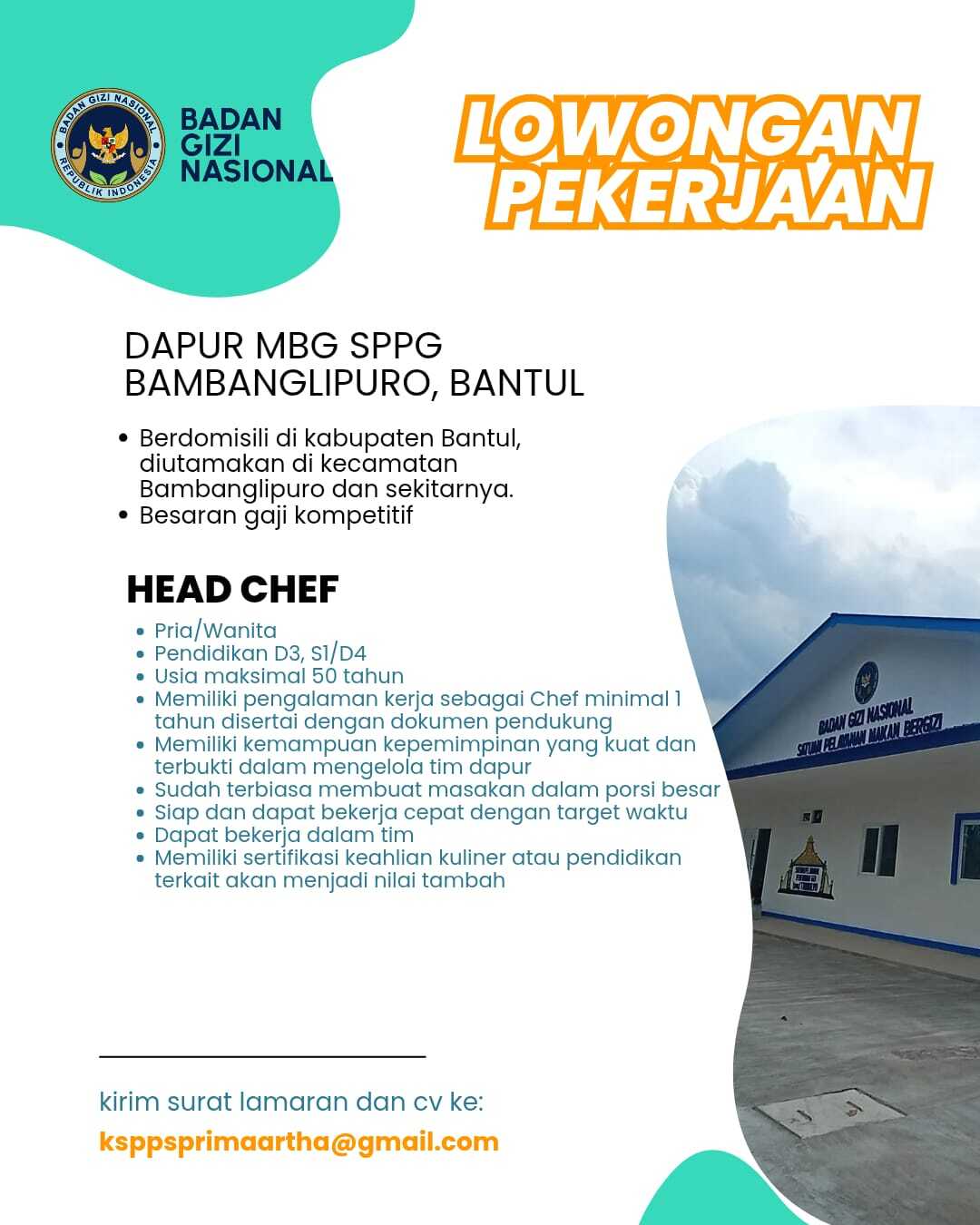 Lowongan Kerja Head Chef di Dapur MBG SPPG Bambanglipuro - LokerJogja.ID