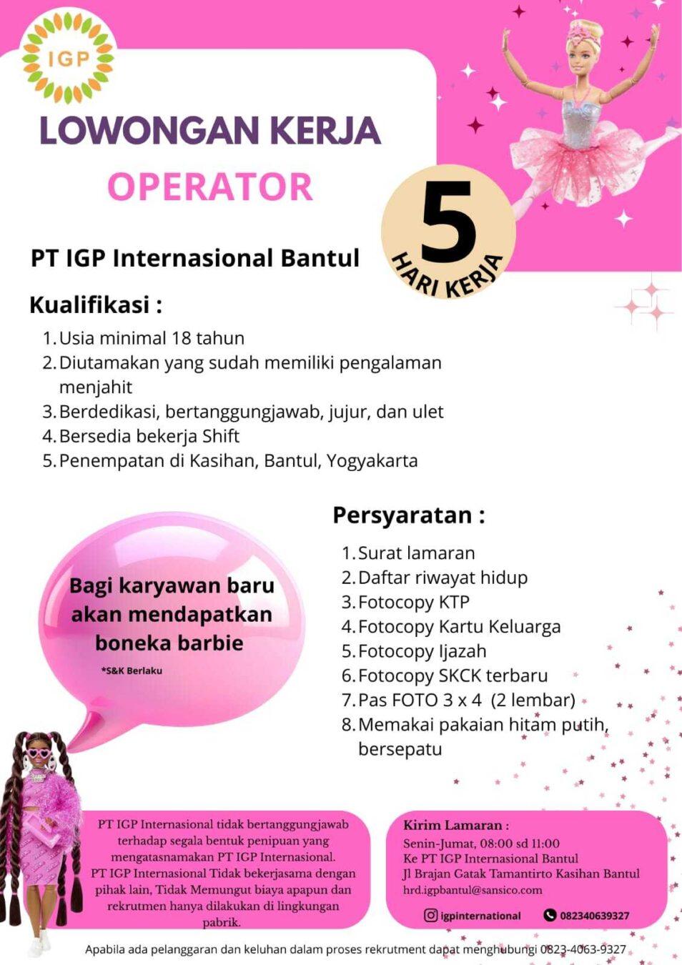 Lowongan Kerja Operator di PT. IGP Internasional Bantul - LokerJogja.ID
