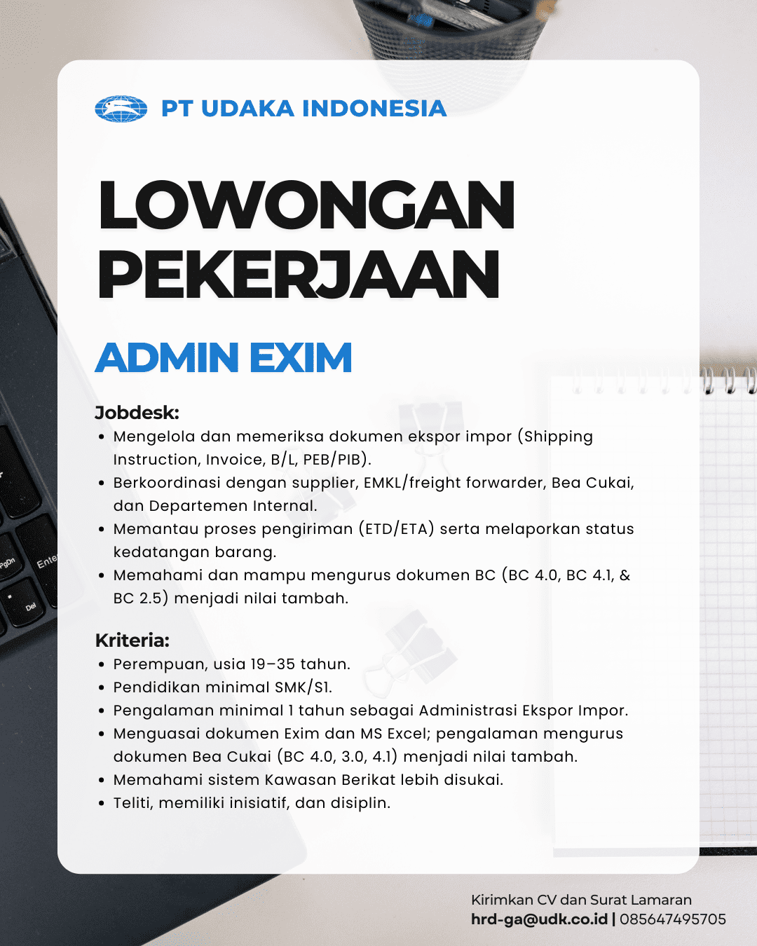 Lowongan Kerja Admin EXIM di PT. Udaka Indonesia - LokerJogja.ID