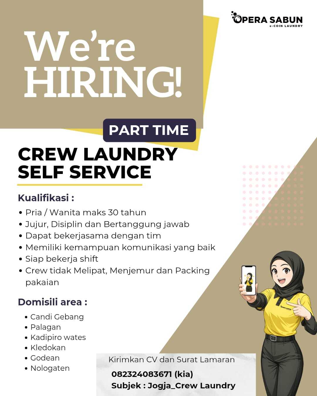 Lowongan Kerja Crew Laundry Self Service (Part Time) di PT. Opera Sabun ...
