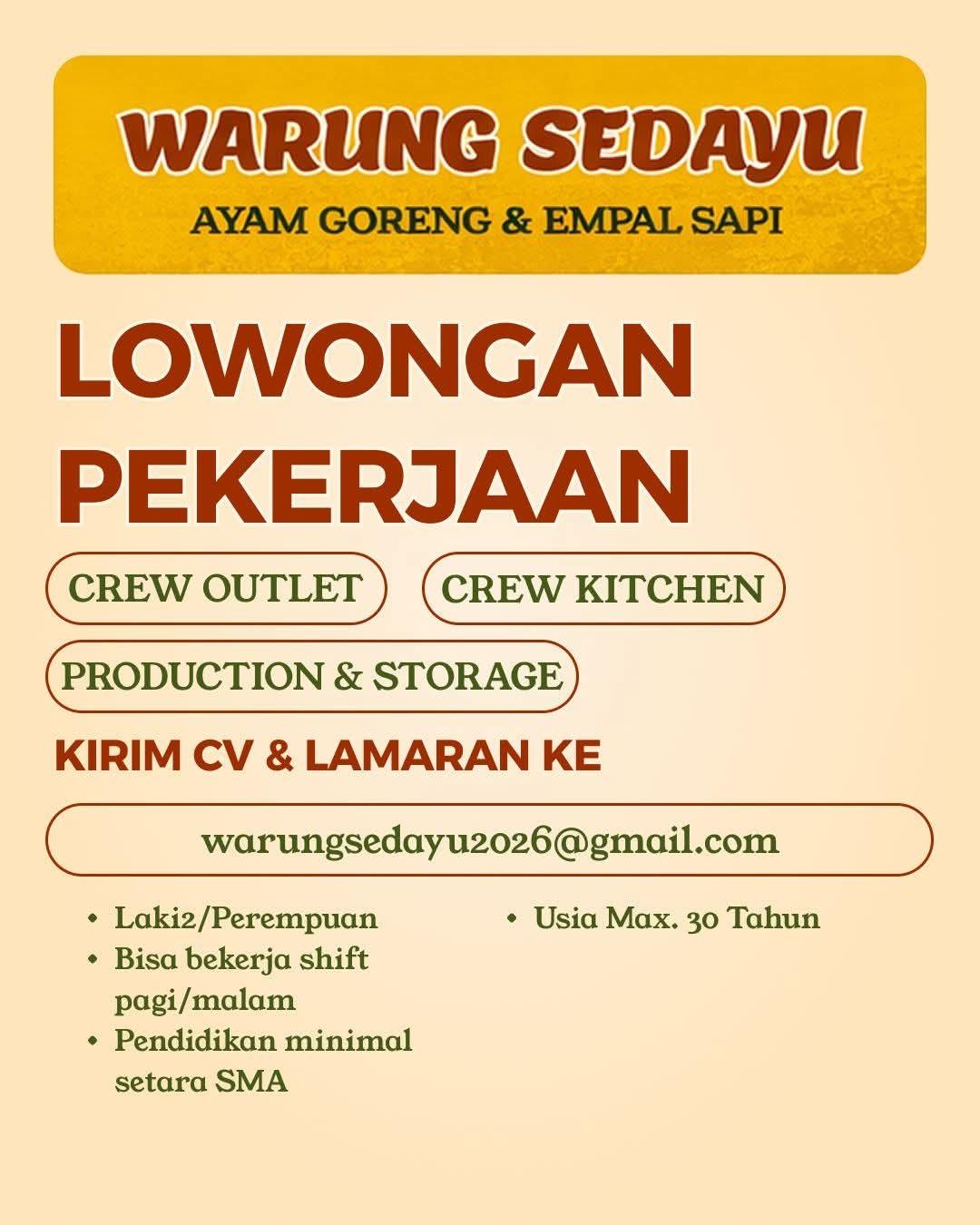 Lowongan Kerja Crew Outlet - Crew Kitchen - Production & Storage di ...