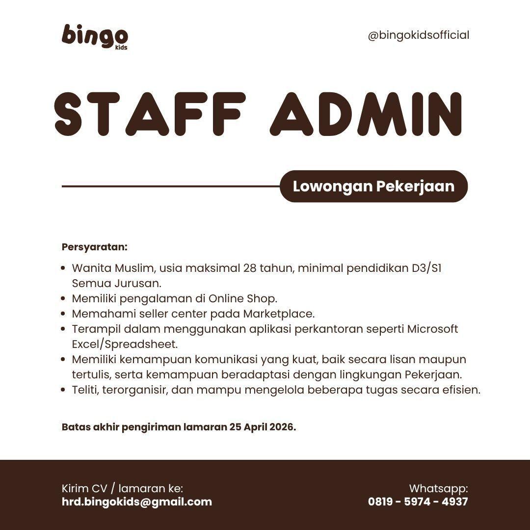 Lowongan Kerja Staff Admin di Bingo Kids - LokerJogja.ID