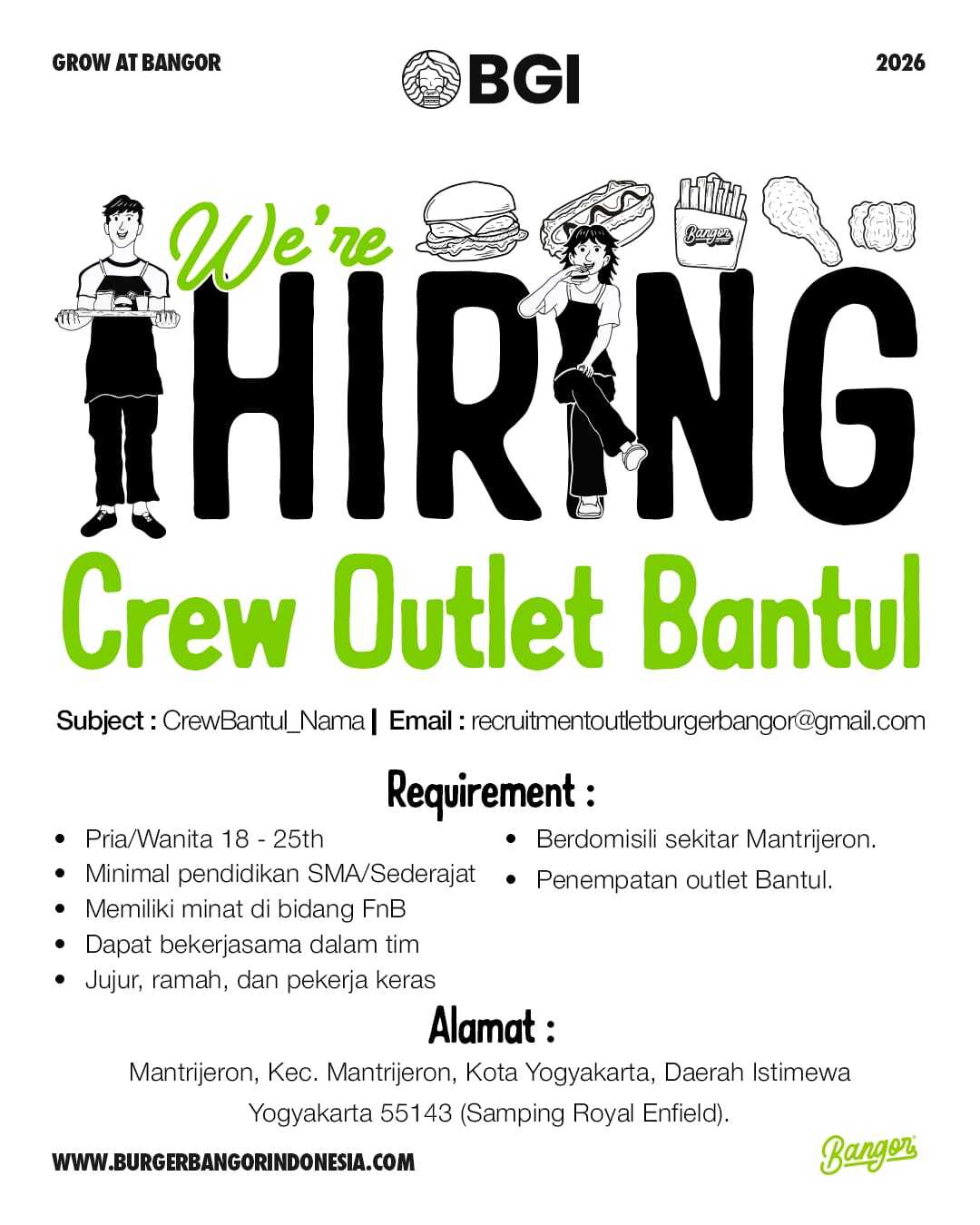 Lowongan Kerja Crew Outlet di Burger Bangor - LokerJogja.ID