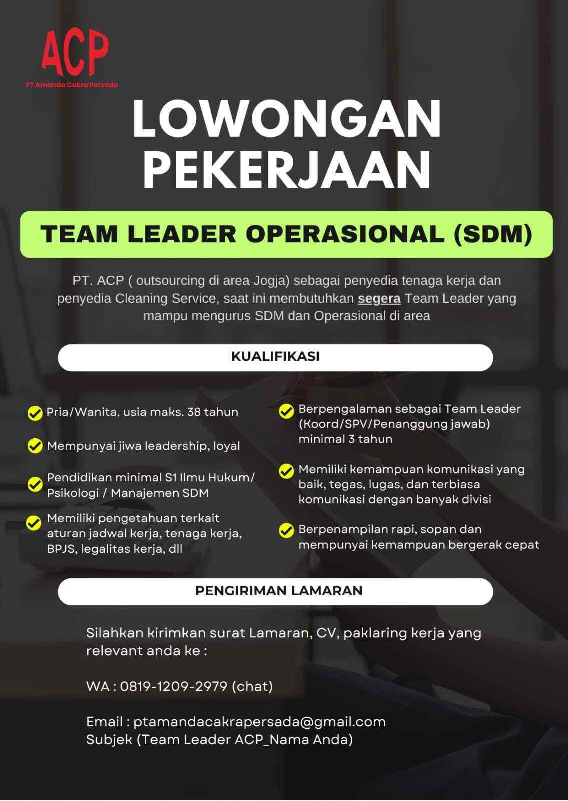 Lowongan Kerja Team Leader Operasional (SDM) di PT. Amanda Cakra ...