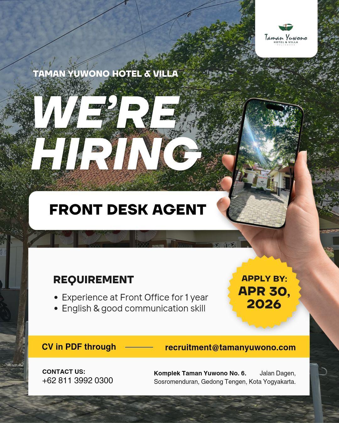 Lowongan Kerja Front Desk Agent di Taman Yuwono Hotel & Villa Malioboro ...