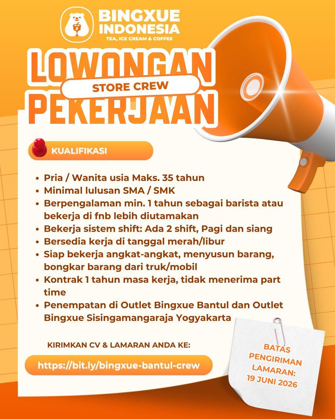 Lowongan Kerja Store Crew di Bingxue - LokerJogja.ID