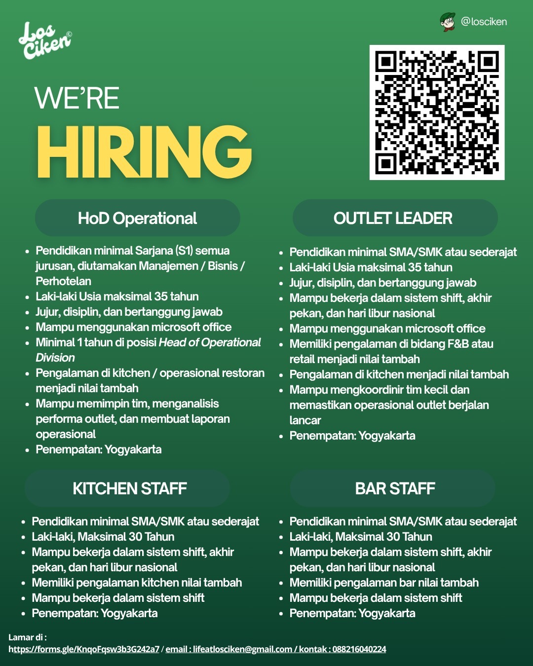 Lowongan Kerja HOD Operational - Outlet Leader - Kitchen Staff - Bar ...