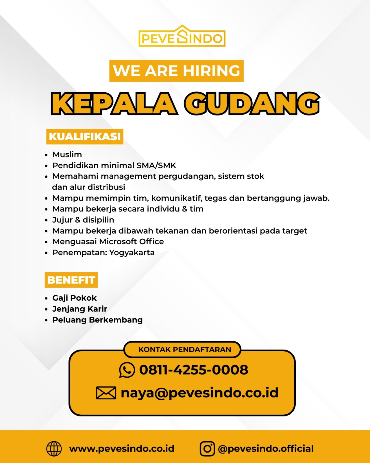 Lowongan Kerja Kepala Gudang di Pevesindo - LokerJogja.ID